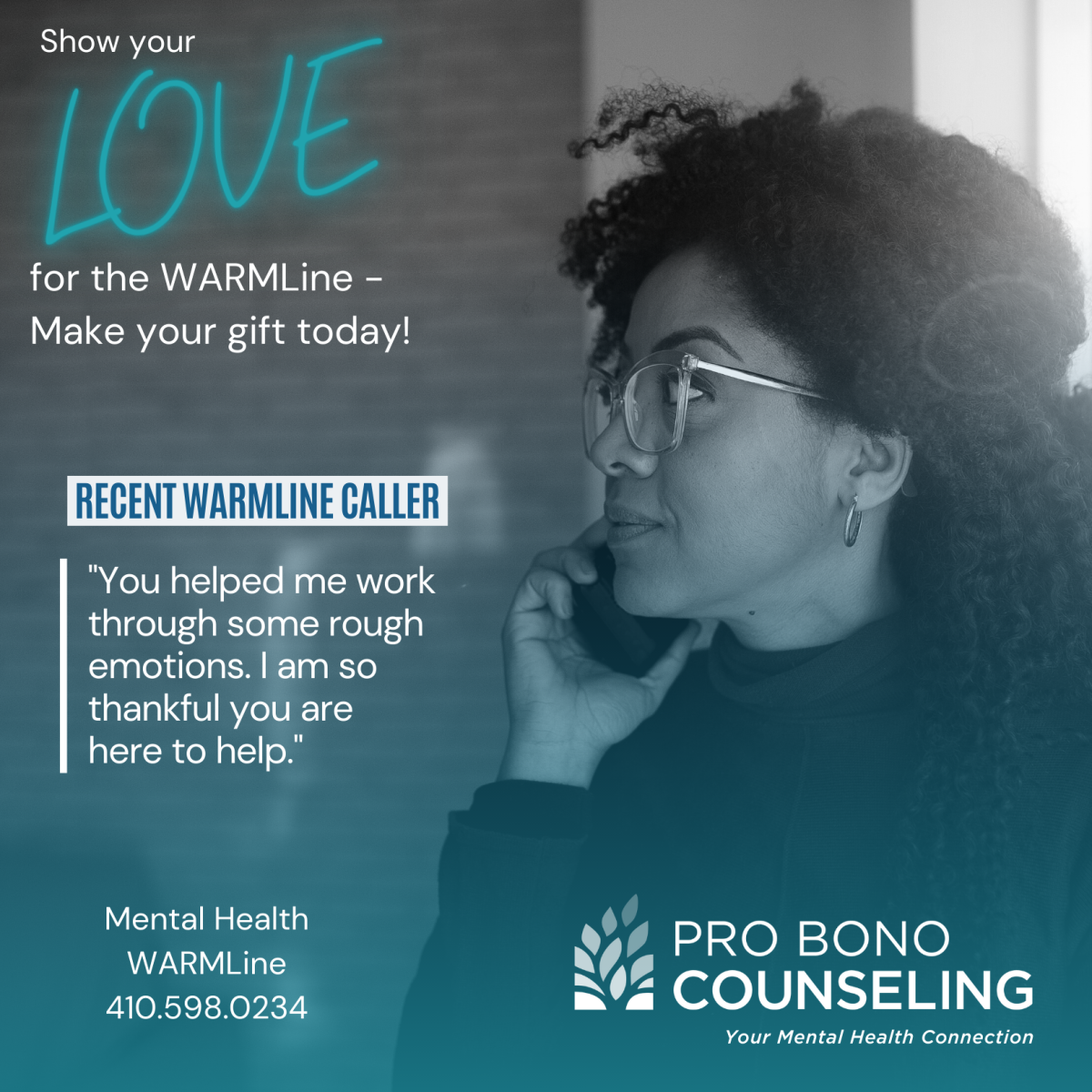 Pro Bono Counseling Launches Mental Health WARMLine Fundraiser - Pro Bono Counseling